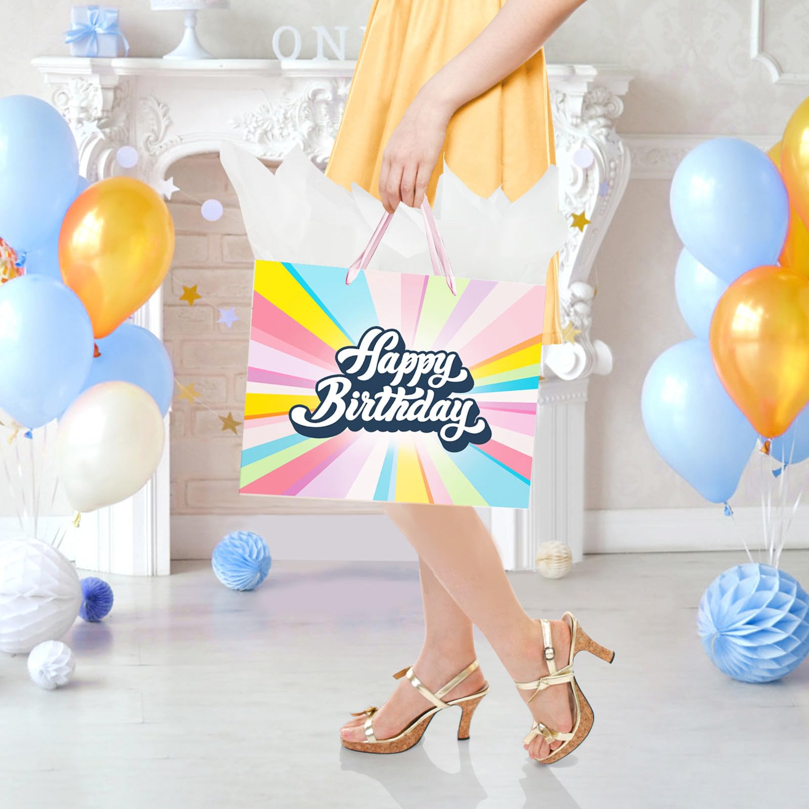 13" Large Happy Birthday Gift Bag with Handles, Tissue Paper and Card (Colorful Rainbow)