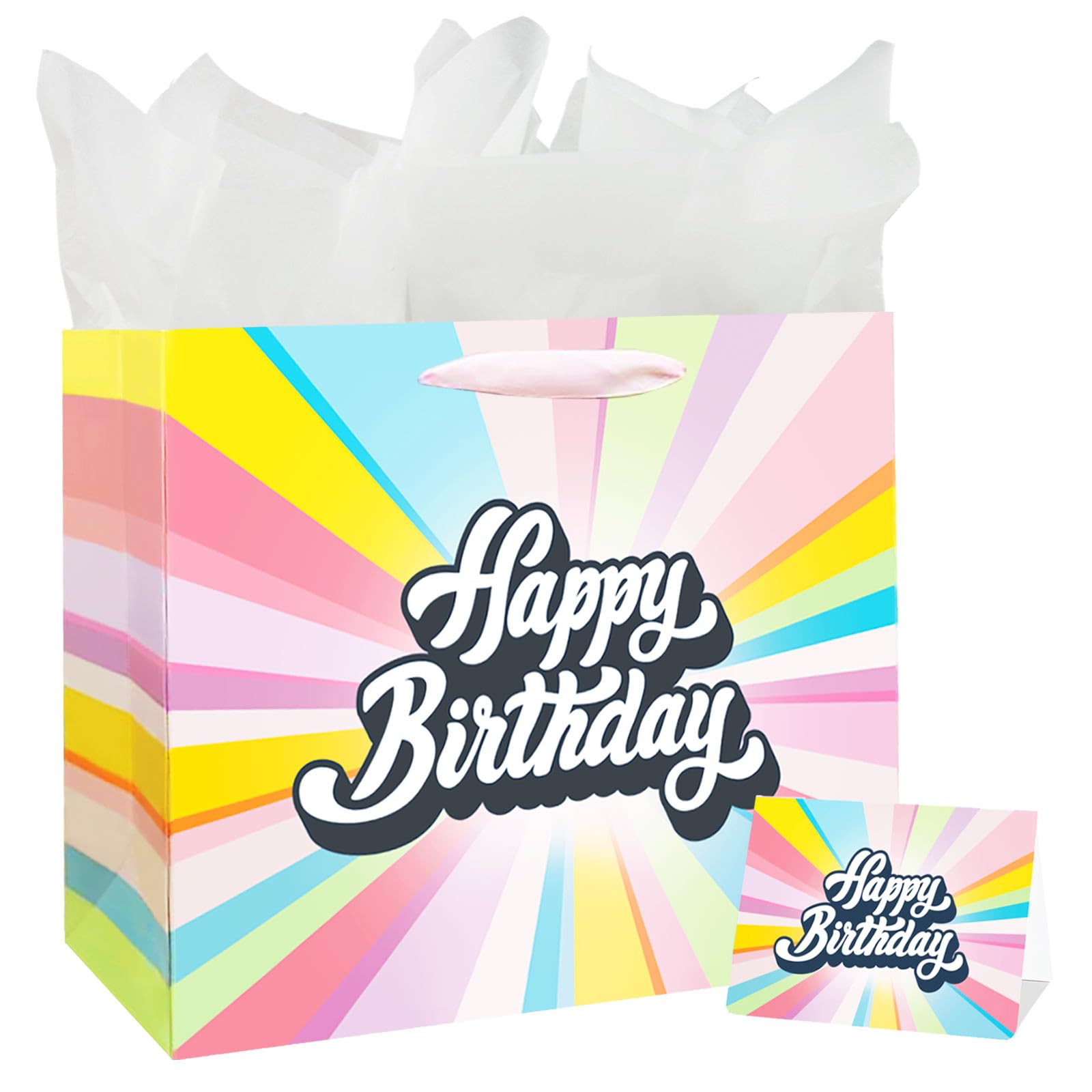 13" Large Happy Birthday Gift Bag with Handles, Tissue Paper and Card (Colorful Rainbow)