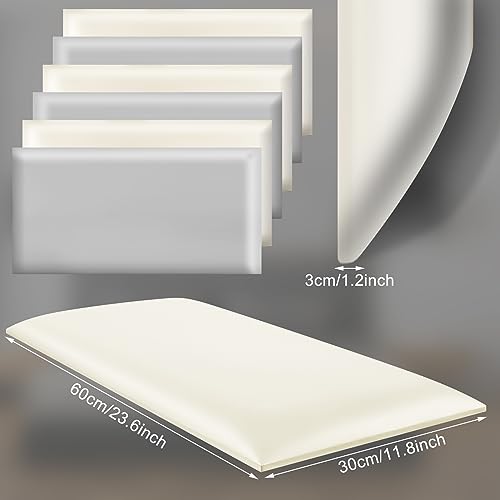Hanaive Peel and Stick Headboard 23.6'' x 11.8'' Upholstered Wall Panels for Twin, Queen and King 3D Anti Collision Wall Panel Reusable and Removable Padded Wall Panel for Bedroom (Gray, White,6 Pcs)