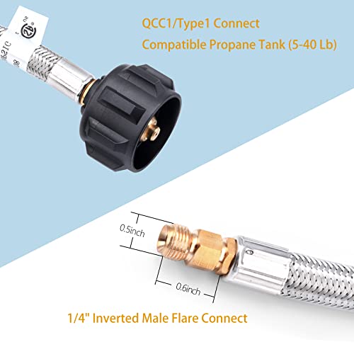 GasSaf 18inch RV Propane Pigtail Hose Stainless Steel Braid Connector with Type 1 Connection x 1/4 Inch Inverted Male Flare(2 PCS