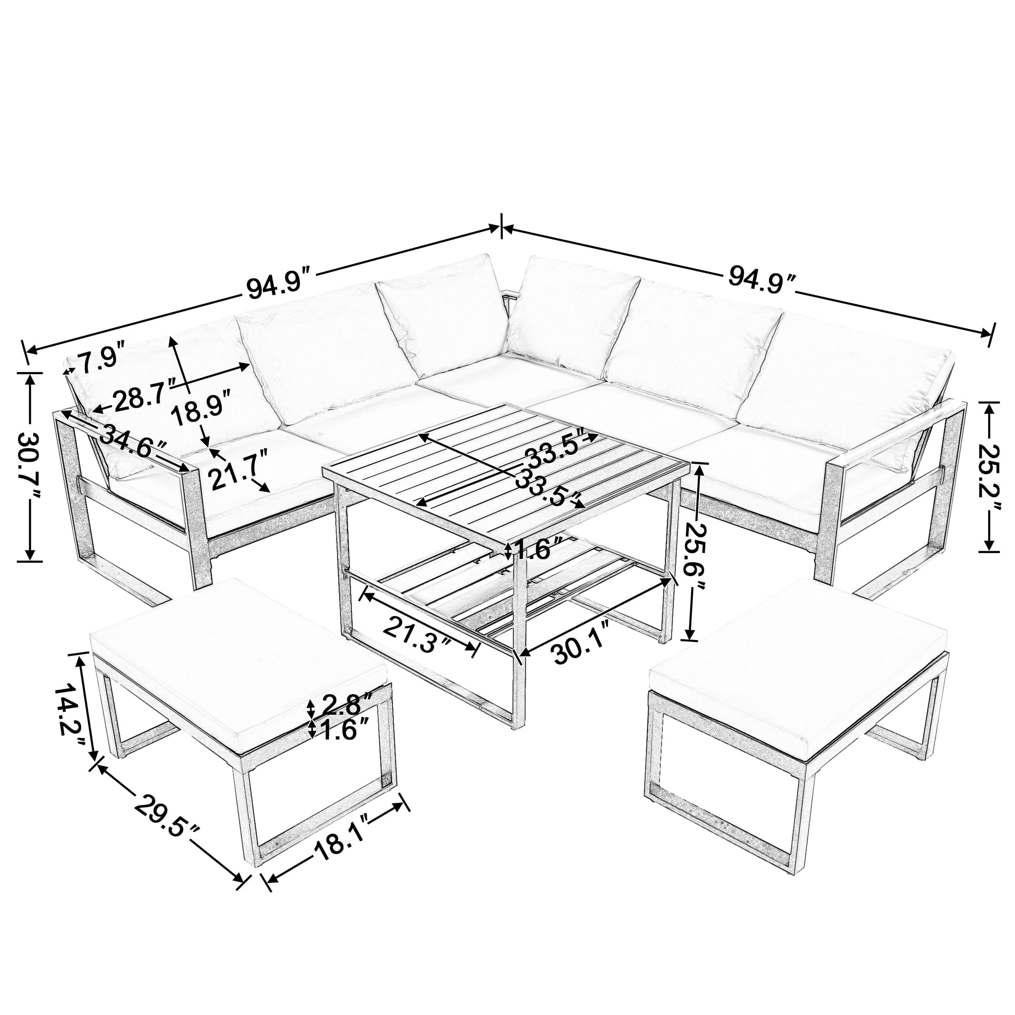 BIADNBZ 6-Pieces Patio Furniture Set for 7,Outdoor Conversation Sectional Sofa with with 1 Table and 2 Benches for Garden Deck Backyard, White