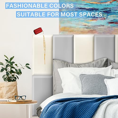 Hanaive Peel and Stick Headboard 23.6'' x 11.8'' Upholstered Wall Panels for Twin, Queen and King 3D Anti Collision Wall Panel Reusable and Removable Padded Wall Panel for Bedroom (Gray, White,6 Pcs)