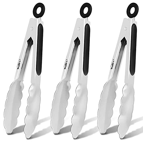 Walfos Kitchen Small Tongs - 7 inch Heavy Duty Mini Food Tongs, Stainless Steel and Non-Slip Heat Resistant Handle - Great for Cooking, Salad, Grilling and Barbecue,3 Piece