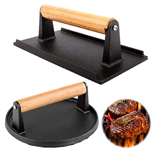 Jarquia 2PCS Bacon Press for Griddle, Round Cast Iron Grill Press for Flat Top Grill, Rectangular Hamburger Smasher for Griddle, Food Meat Press for Steak, Sandwich, Nonstick Pan