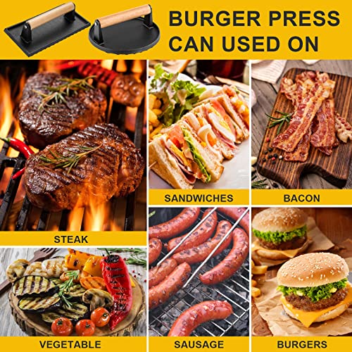 Jarquia 2PCS Bacon Press for Griddle, Round Cast Iron Grill Press for Flat Top Grill, Rectangular Hamburger Smasher for Griddle, Food Meat Press for Steak, Sandwich, Nonstick Pan