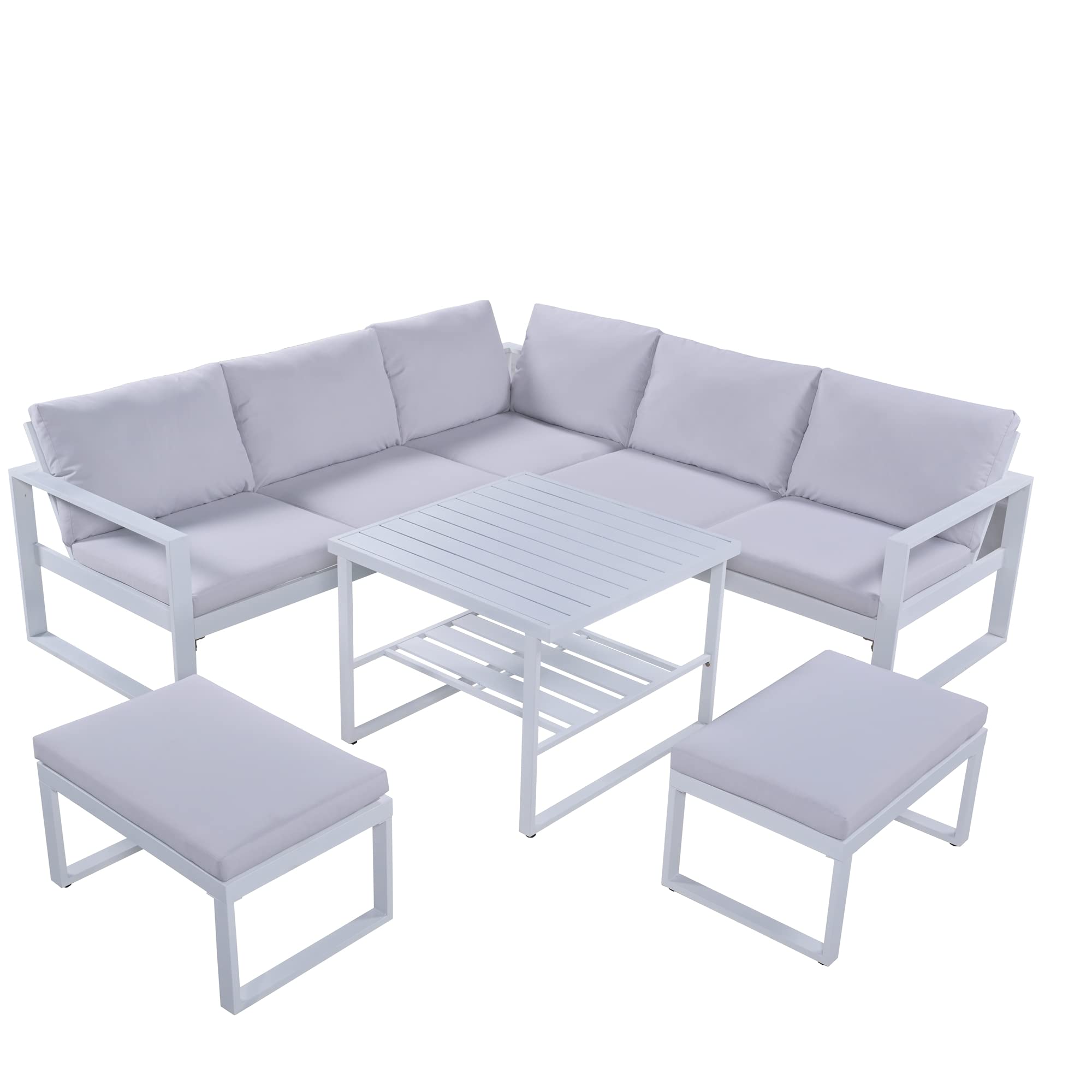 BIADNBZ 6-Pieces Patio Furniture Set for 7,Outdoor Conversation Sectional Sofa with with 1 Table and 2 Benches for Garden Deck Backyard, White