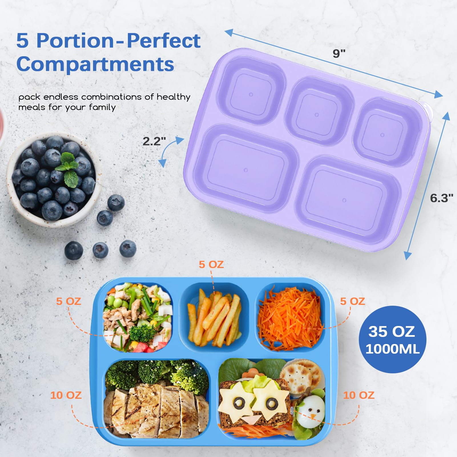 KHOXU Bento Lunch Box, 5 Compartment Meal Prep Container, Reusable, Durable, Stain-Resistant, Microwave & Dishwasher Safe, Blue/Purple/Green
