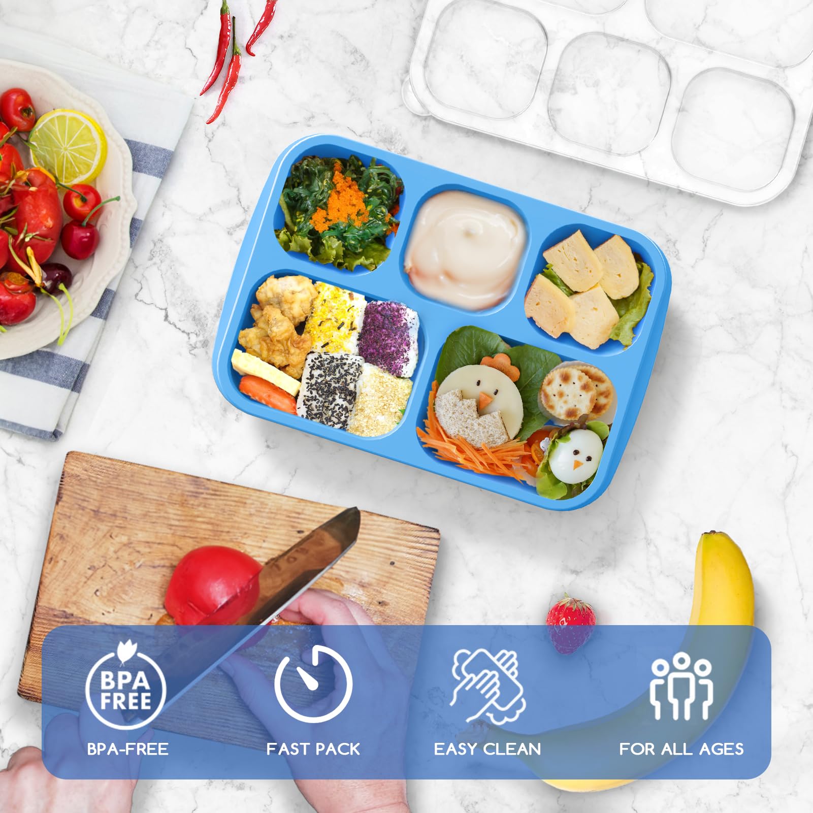 KHOXU Bento Lunch Box, 5 Compartment Meal Prep Container, Reusable, Durable, Stain-Resistant, Microwave & Dishwasher Safe, Blue/Purple/Green