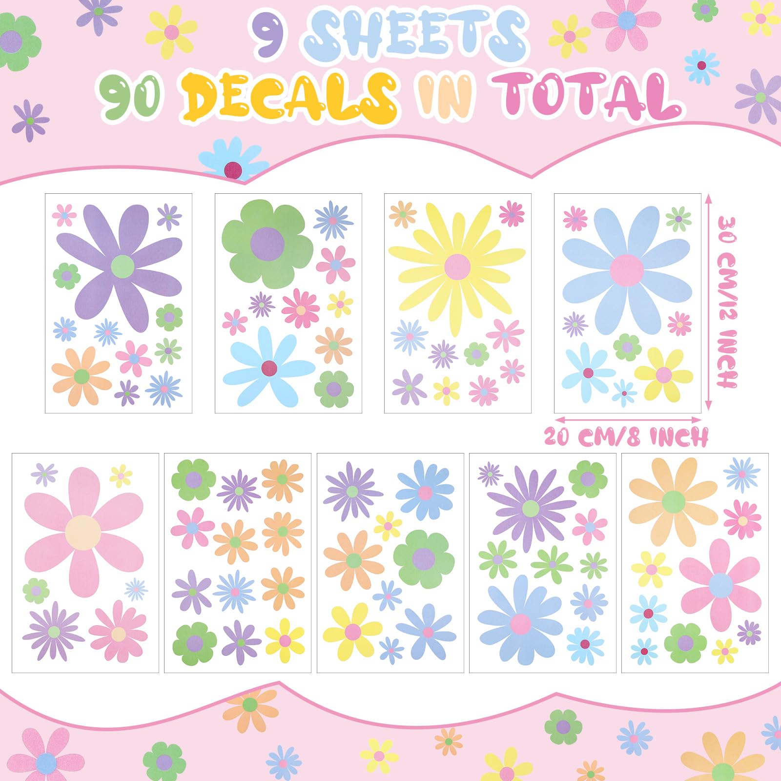 Kisston 90 Pcs Daisy Wall Decal Alphabet Vinyl Wall Decals Boho Decal Daisy Stickers Boho Groovy Floral Stickers for Nursery Art Bedroom Classroom(Pastel)
