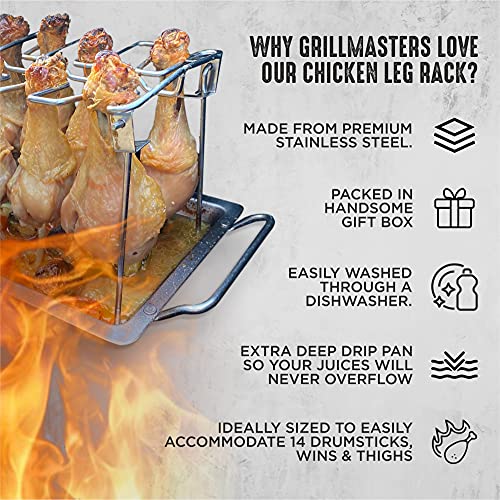 Grill Champ Chicken Leg Rack for Grill, BBQ & Smoker β Stainless Steel Chicken Wing Rack Grill Rack β 14-Slot Chicken Rack for Drumsticks, Wings, Thighs β Chicken Racks for Grilling & Barbecuing