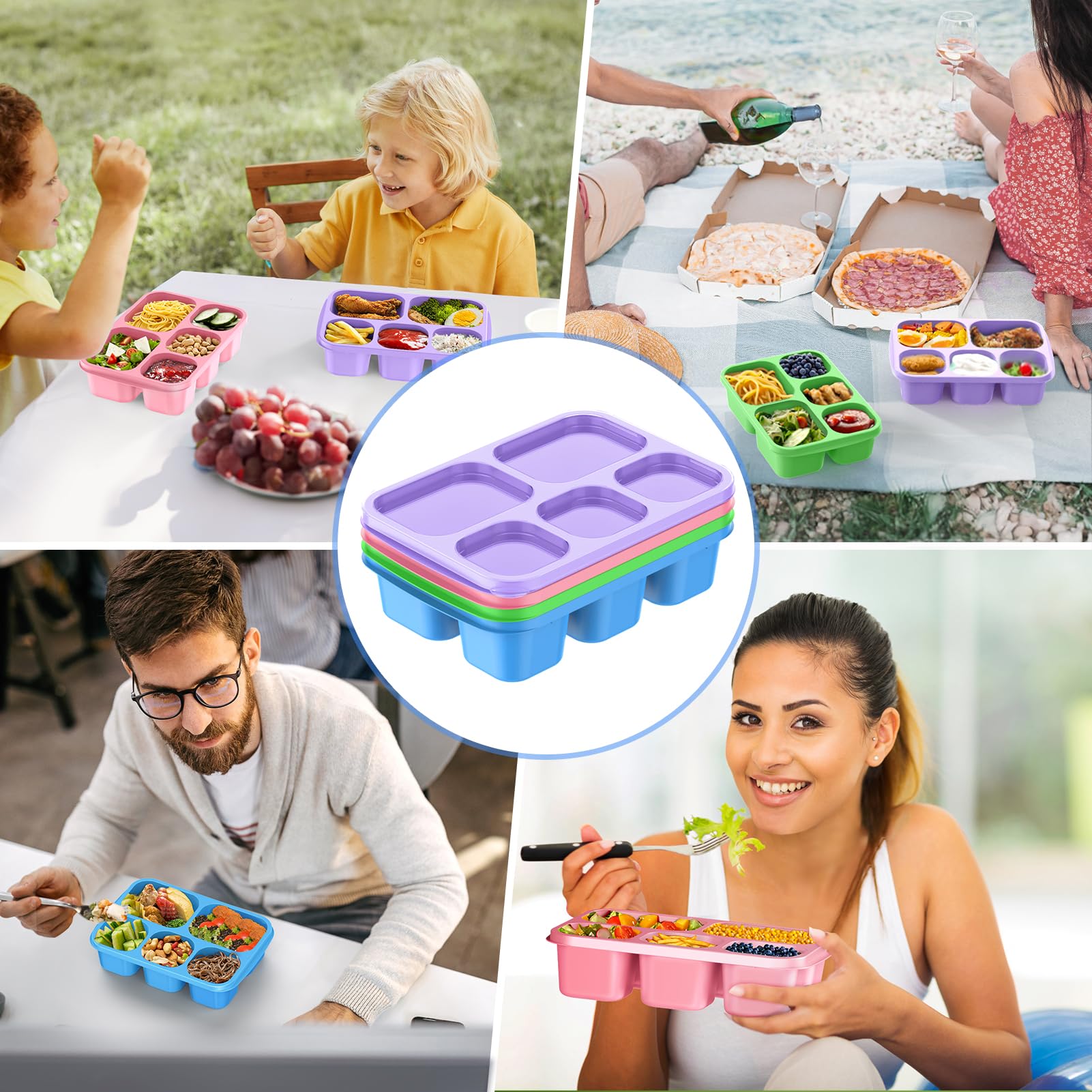KHOXU Bento Lunch Box, 5 Compartment Meal Prep Container, Reusable, Durable, Stain-Resistant, Microwave & Dishwasher Safe, Blue/Purple/Green