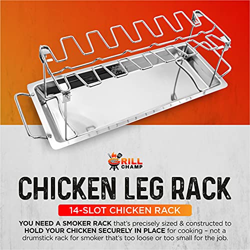 Grill Champ Chicken Leg Rack for Grill, BBQ & Smoker β Stainless Steel Chicken Wing Rack Grill Rack β 14-Slot Chicken Rack for Drumsticks, Wings, Thighs β Chicken Racks for Grilling & Barbecuing