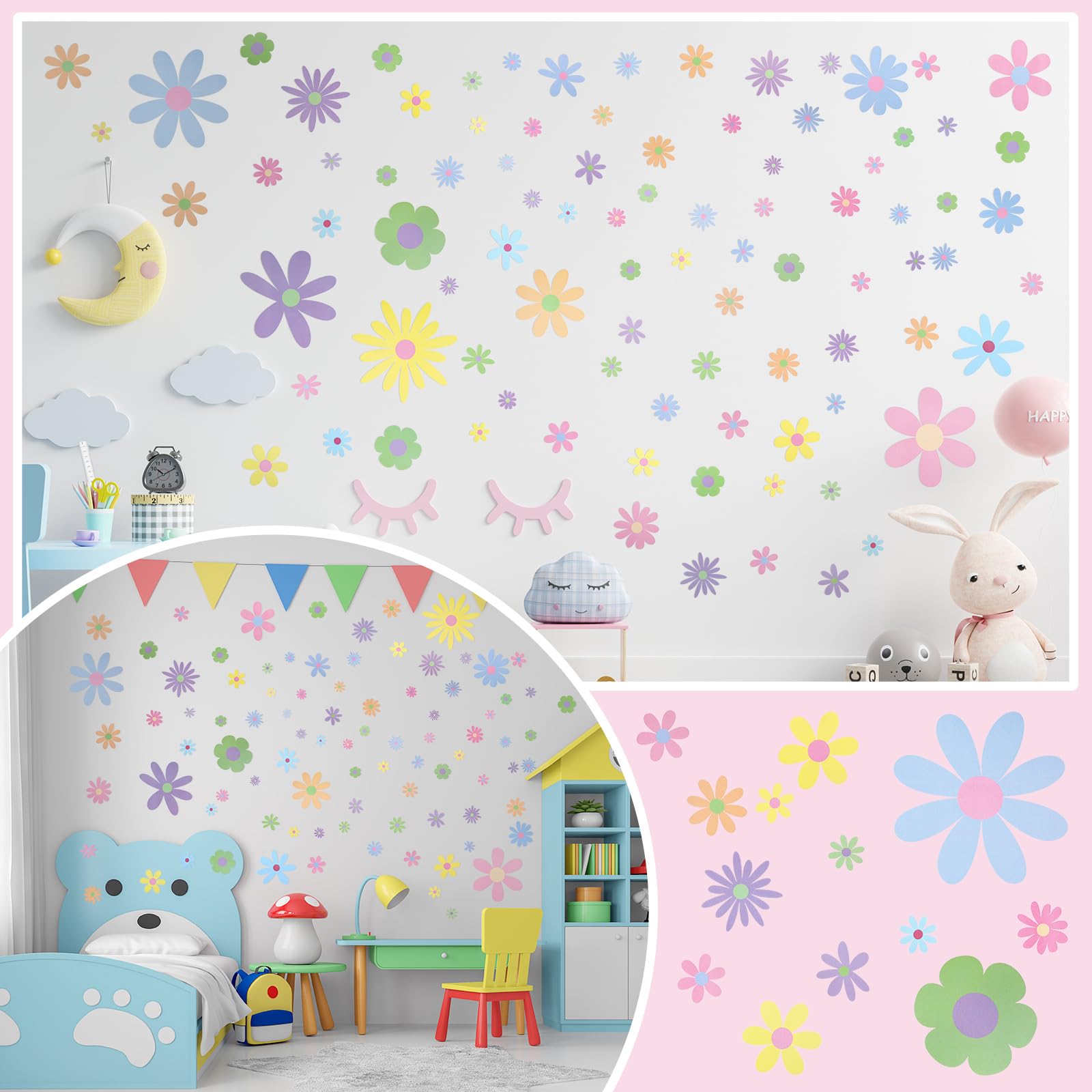 Kisston 90 Pcs Daisy Wall Decal Alphabet Vinyl Wall Decals Boho Decal Daisy Stickers Boho Groovy Floral Stickers for Nursery Art Bedroom Classroom(Pastel)