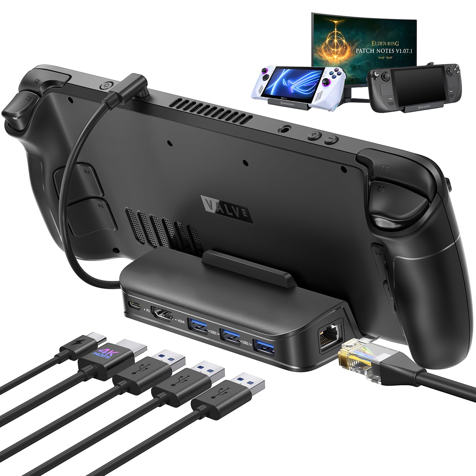 NEWDERY Docking Station for Steam Deck, 6-in-1 Steam Deck Dock with HDMI2.0 4K@60Hz, Gigabit Ethernet, PD Fast Charging USB C Docking Station for Valve Steam Deck/ROG Ally/Legion Go/MSI Claw