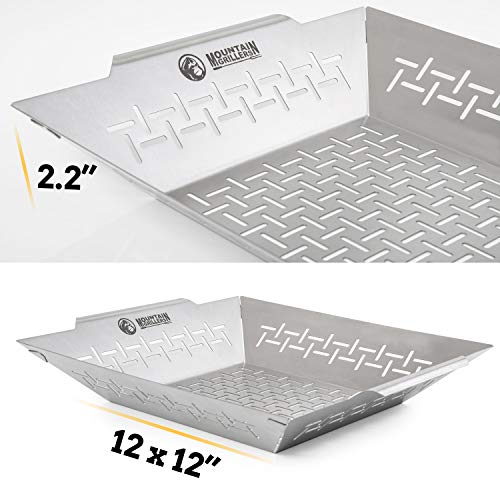 Mountain Grillers Veggie Grill Basket - Heavy Duty Vegetable Grilling Basket also for Fish Meat and Shrimp - Suitable for All Grills BBQ & Smokers - Stainless Steel - 12 Inch vegetable bbq pan