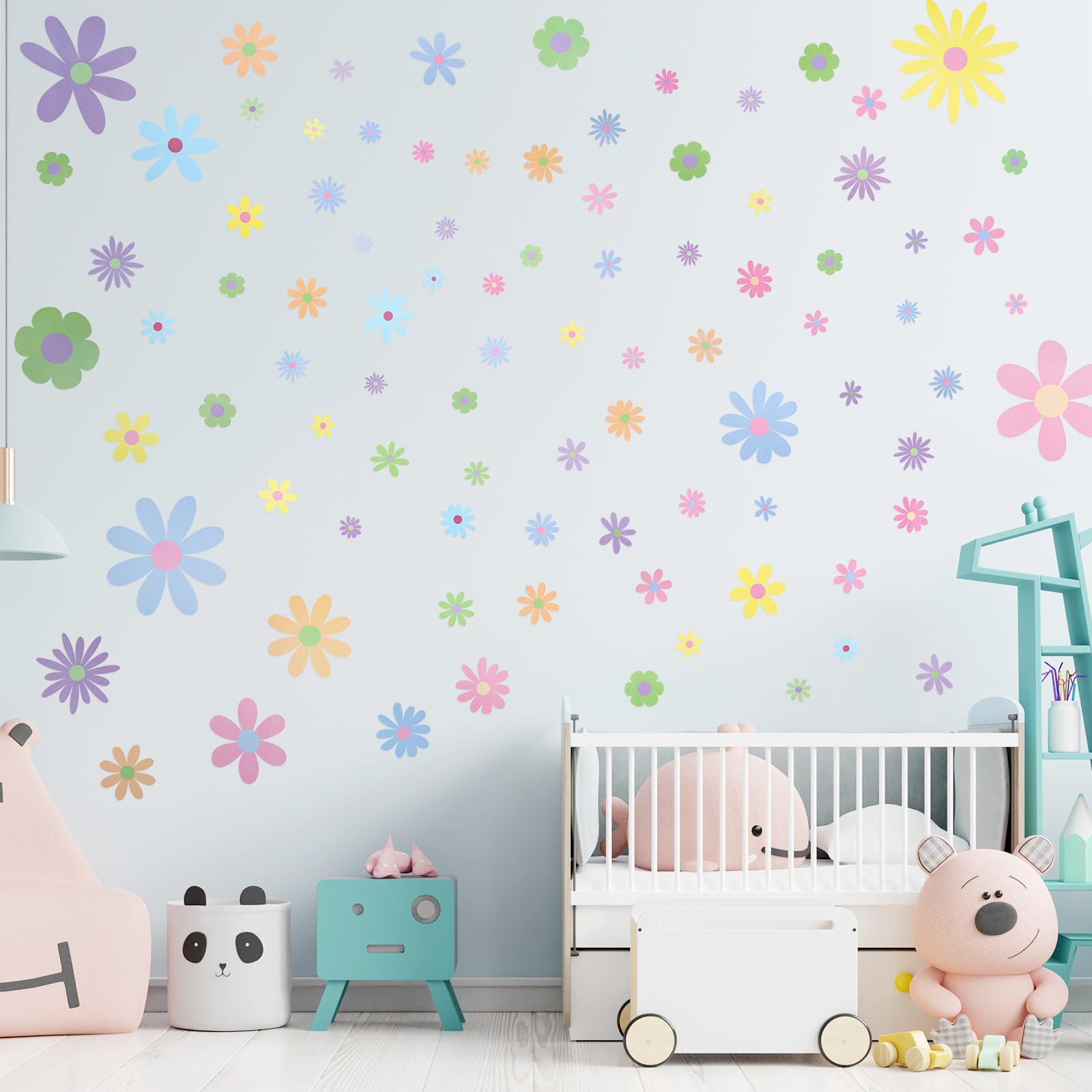 Kisston 90 Pcs Daisy Wall Decal Alphabet Vinyl Wall Decals Boho Decal Daisy Stickers Boho Groovy Floral Stickers for Nursery Art Bedroom Classroom(Pastel)