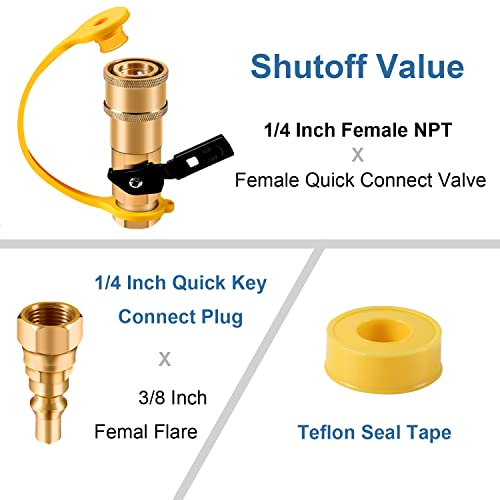 RV Propane Quick Connect Fittings Adapter Valve for Campers 3/8β Flare x 1/4β NPT Male Pipe Half-Union Fitting to Heater Appliance Plug with 3/8β Female Flare Assembly Kit Convert Gas BBQ Grill