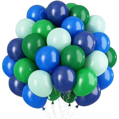 Blue and Green Balloons 50Pcs 12 Inch Navy Blue Latex Balloon for Birthday Golf Party Boy Baby Shower Football Video Game Jungle Safari Dinosaur Party Decorations with Dark Light Green Balloon