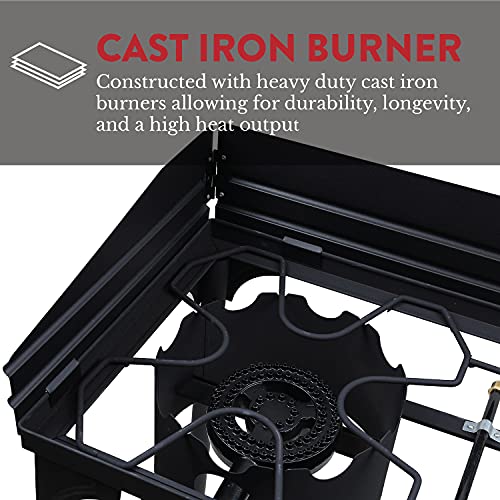 Gas One Propane Double Burner Two Burner Camp Stove with Windscreen Outdoor High Pressure Propane 2 Burner Adjustable PSI Regulator and 4ft Steel Braided Hose With Removable Legs