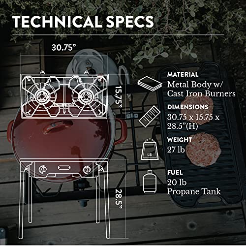 Gas One Propane Double Burner Two Burner Camp Stove with Windscreen Outdoor High Pressure Propane 2 Burner Adjustable PSI Regulator and 4ft Steel Braided Hose With Removable Legs