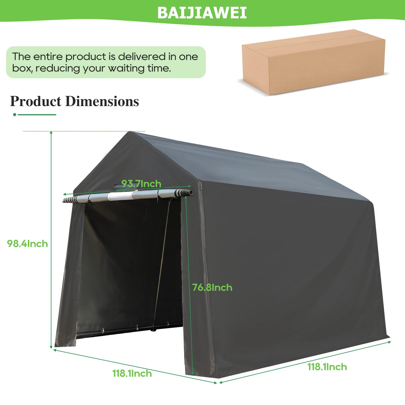 B BAIJIAWEI 10X10 ft Shed Storage Shelter All-Season Heavy Duty Portable Storage Shed Carport for Motorcycle, Bike, Garden Tools (Dark Grey)