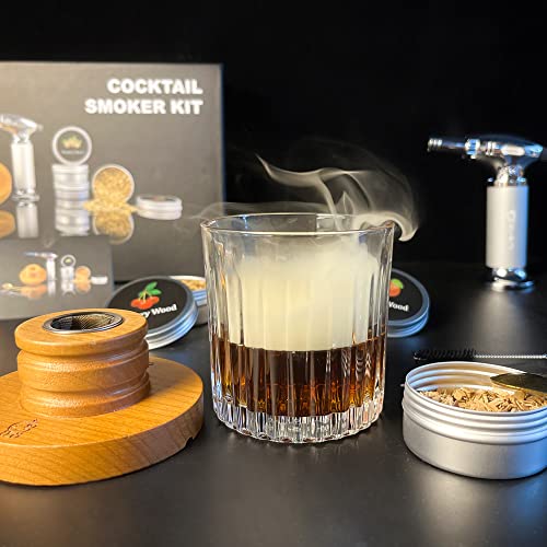 Cocktail Smoker Kit with Torch | Good for Whiskey and Bourbon Flavoring | 4 Flavor Wood Chips (Cherry, Apple, Hickory and Peach) A True Gift Set | for Men, Dads & Husband | (Butane not Included)