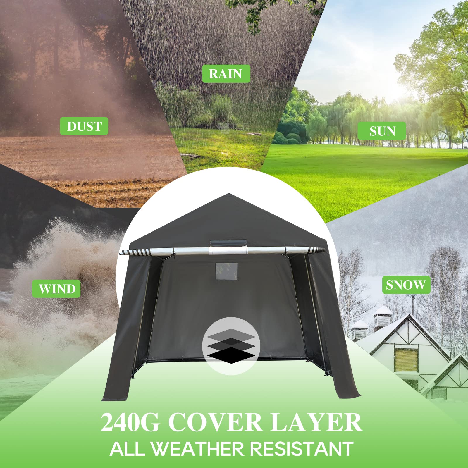 B BAIJIAWEI 10X10 ft Shed Storage Shelter All-Season Heavy Duty Portable Storage Shed Carport for Motorcycle, Bike, Garden Tools (Dark Grey)