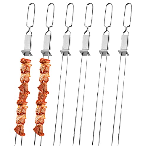 6 Pack Kabob Skewer for Grilling- 17" Long Metal Stainless Steel BBQ Skewer Stick with Push Bar, Reusable Double Pronged Kebab Skewer Tool Quick Release Meat, Chicken, Vegetable and Fruit