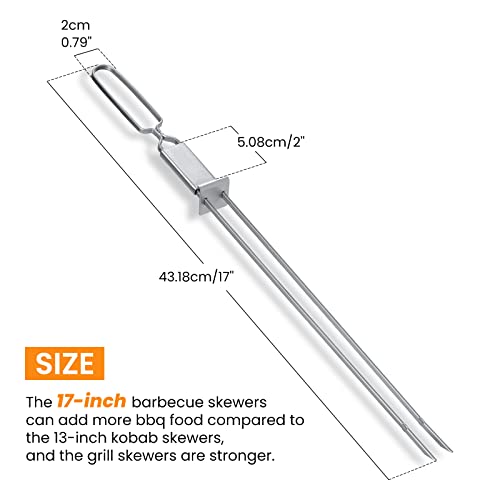 6 Pack Kabob Skewer for Grilling- 17" Long Metal Stainless Steel BBQ Skewer Stick with Push Bar, Reusable Double Pronged Kebab Skewer Tool Quick Release Meat, Chicken, Vegetable and Fruit
