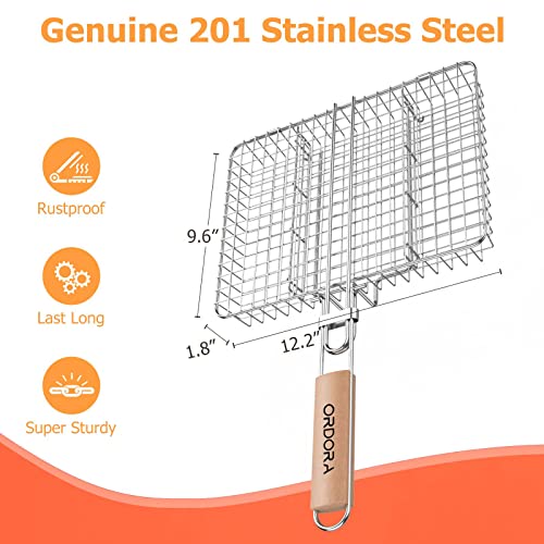 ORDORA Grill Basket, Fish Grill Basket, Rustproof Stainless Steel BBQ Grilling Basket for Meat,Steak, Shrimp, Vegetables, Chops, Heavy Duty Grill Basket Outdoor Grill Accessories