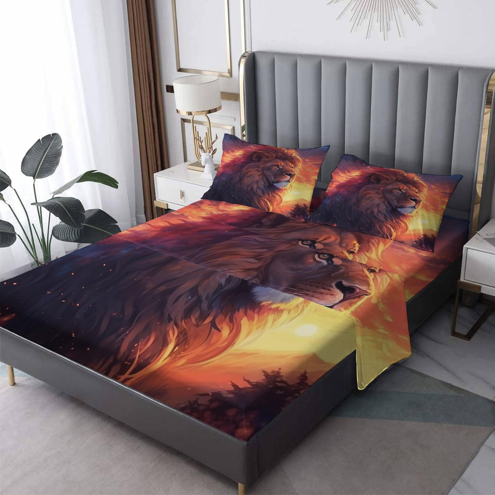 Lion Sheets Full Size, Animal Bed Sheets, Patterned Bedding Sheets & Pillowcases 4 Piece Set - Soft Microfiber Deep Pocket Fitted Sheet & Flat Sheet & 2 Pillow Cases K8-&-25