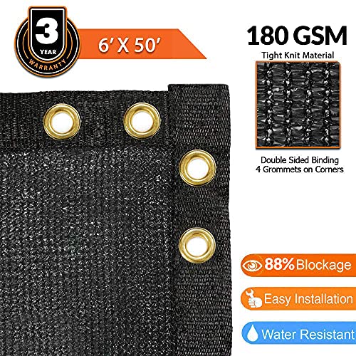 6' x 50' Black Privacy Screen Fence, Heavy Duty Commercial Grade w/Anti-Rust Grommets 180GSM 88% Blockage UV Resisting Windscreen Fabric Mesh Outdoor Backyard Shade Wall Garden