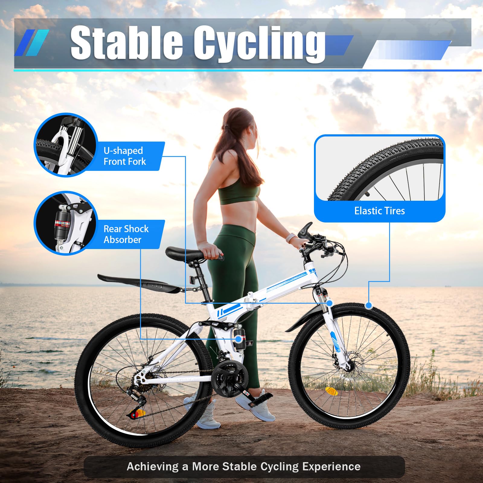 WenDissy 26" Mountain Biking, Steel Frame Folding Adult Bicycle, Disc Brakes Front and Rear 21-Speed Shifting Full Suspension Mountain Biking for Men Women