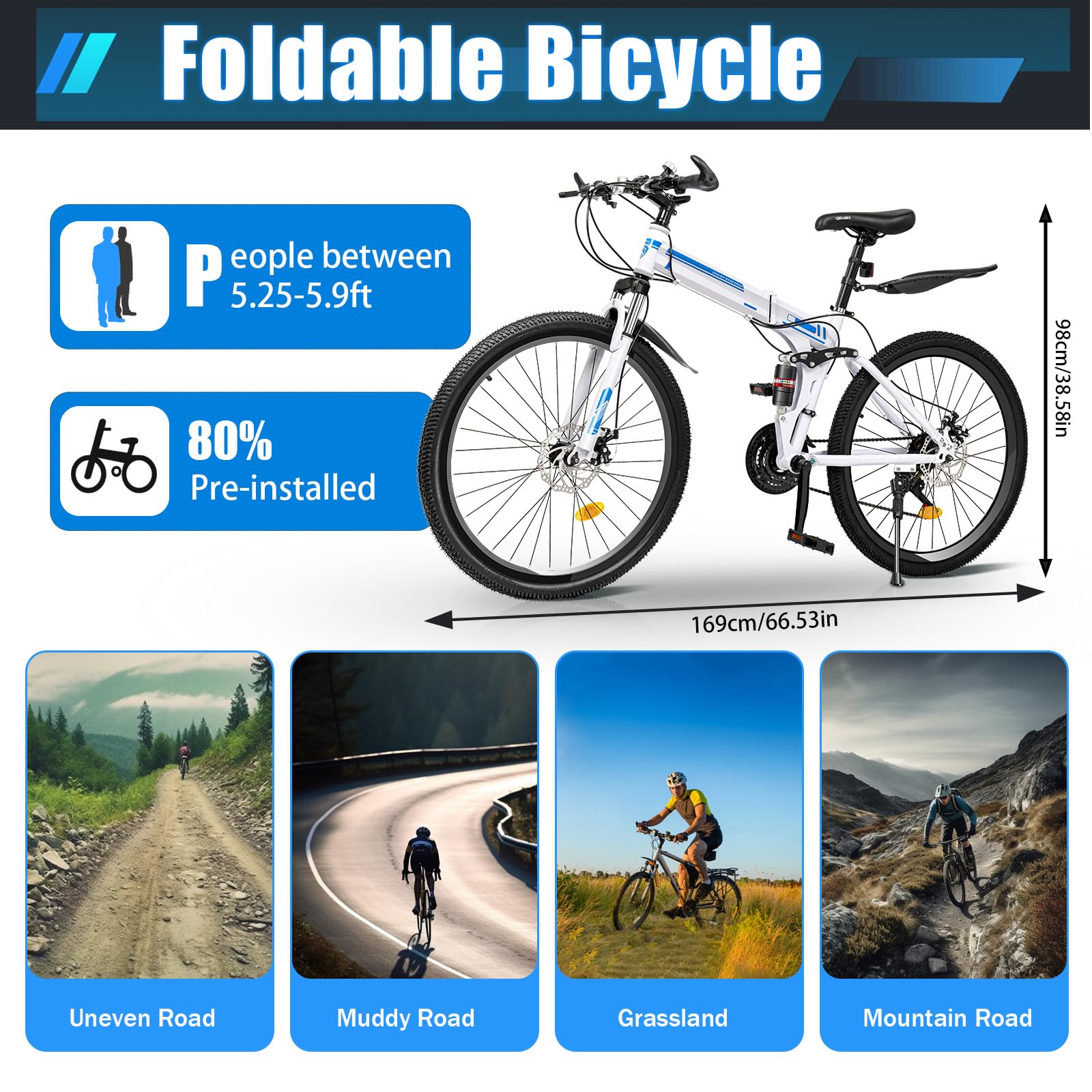 WenDissy 26" Mountain Biking, Steel Frame Folding Adult Bicycle, Disc Brakes Front and Rear 21-Speed Shifting Full Suspension Mountain Biking for Men Women