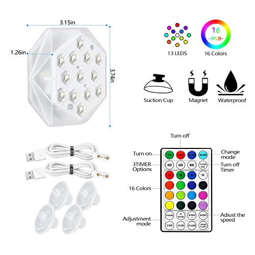 FTUREERA Pool Lights, Rechargeable Submersible Pool Lights with Remote, Silicone Suction Cup, 16 Color Changing, 4 Colour Modes RGB LED Lights for Bathtub, Shower,Hot Tub, Spa, Party (2 Pack)