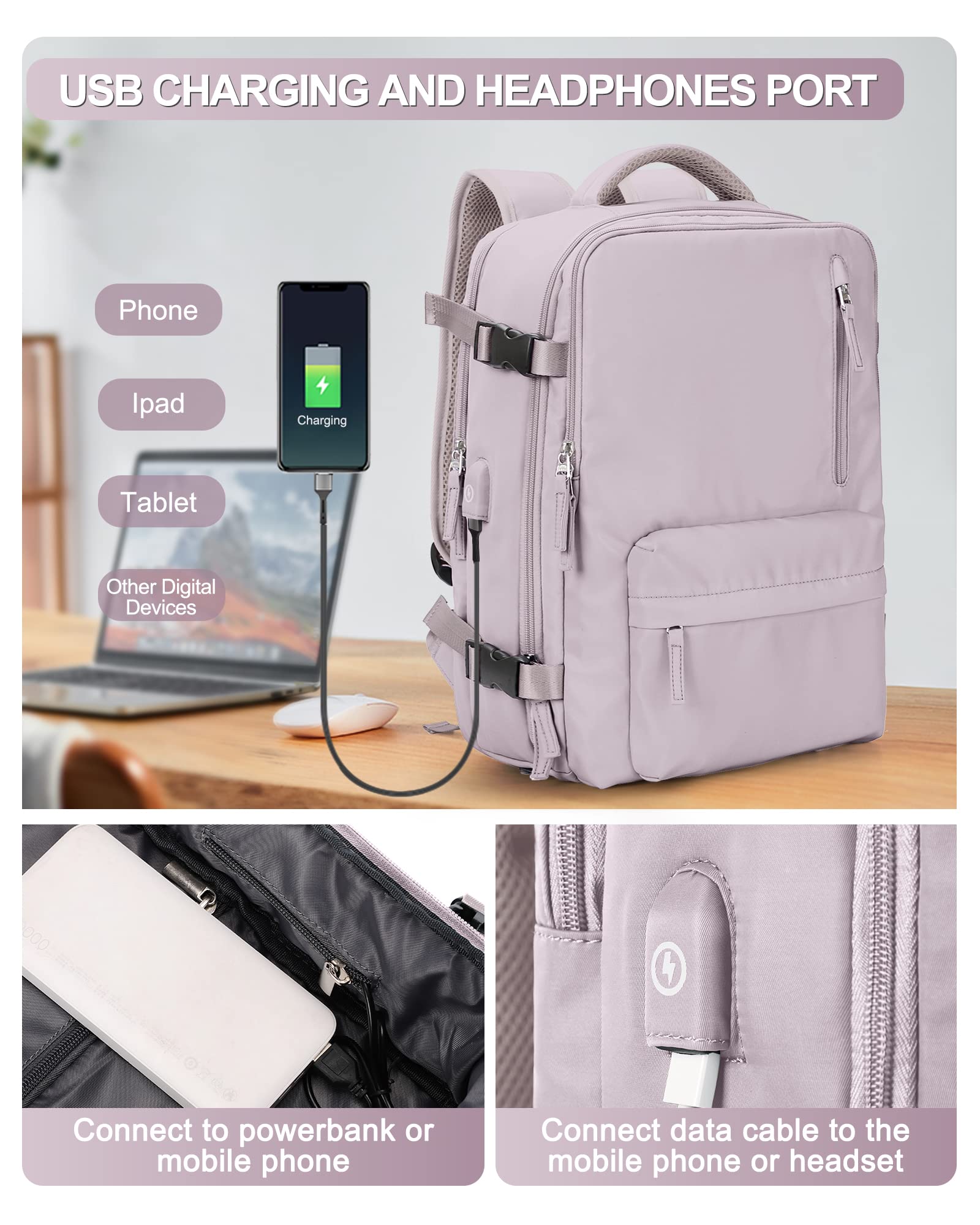 VGCUB Large Travel Backpack Bag for Women Men,Carry on Backpack,17 Inch Laptop Business Work Waterproof Backpack with Laptop Compartment,Person Item Flight Approved,Mochila de Viaje,Pink
