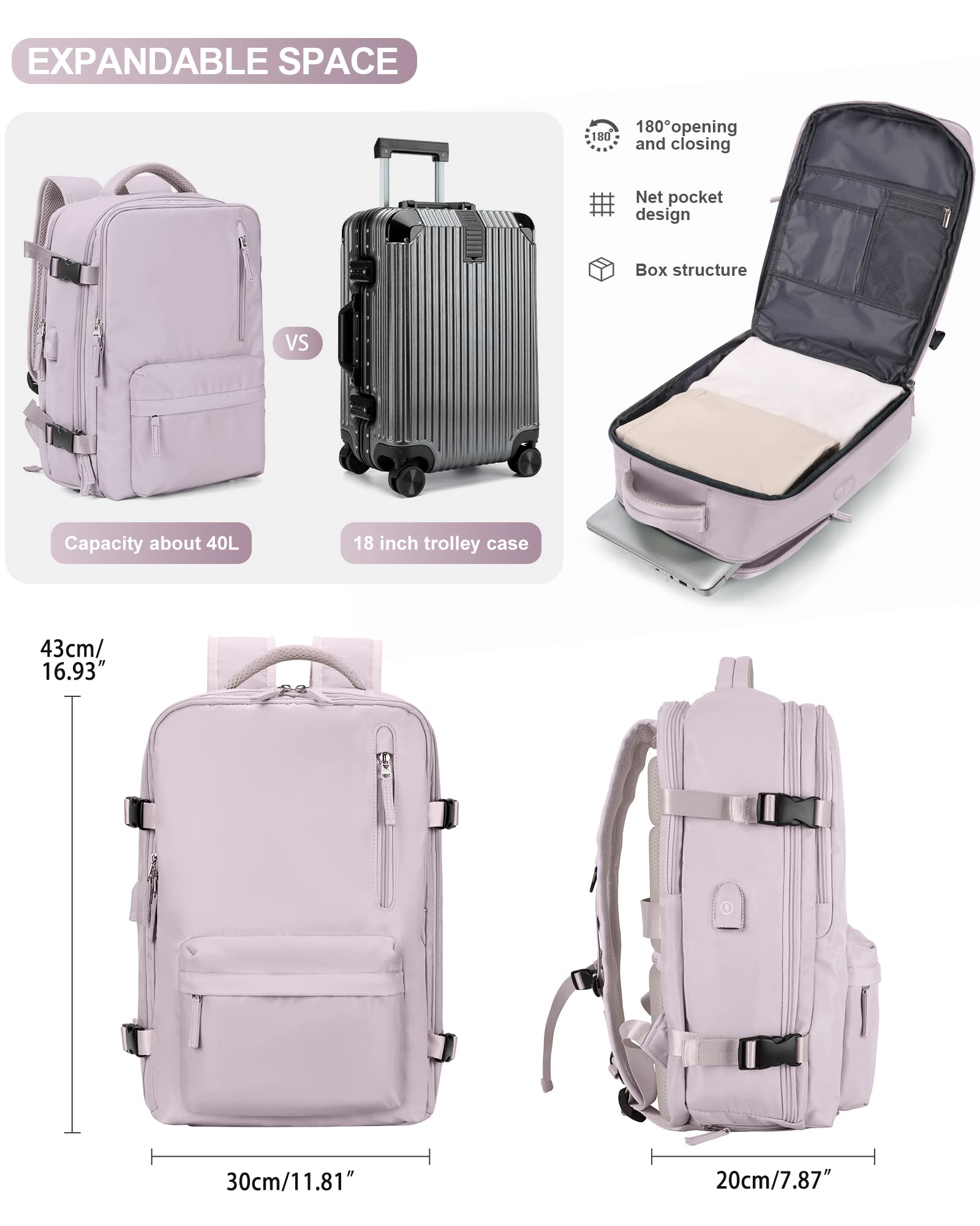 VGCUB Large Travel Backpack Bag for Women Men,Carry on Backpack,17 Inch Laptop Business Work Waterproof Backpack with Laptop Compartment,Person Item Flight Approved,Mochila de Viaje,Pink