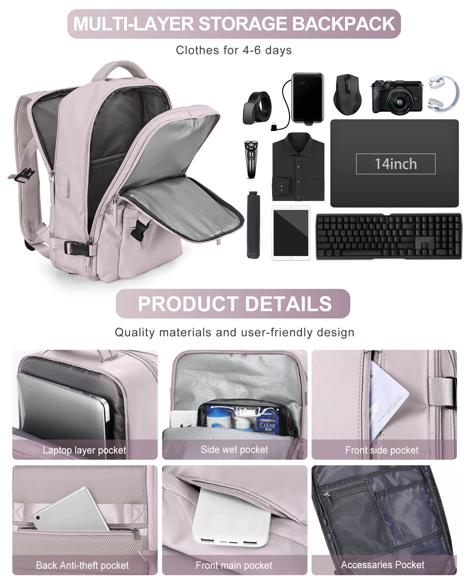VGCUB Large Travel Backpack Bag for Women Men,Carry on Backpack,17 Inch Laptop Business Work Waterproof Backpack with Laptop Compartment,Person Item Flight Approved,Mochila de Viaje,Pink
