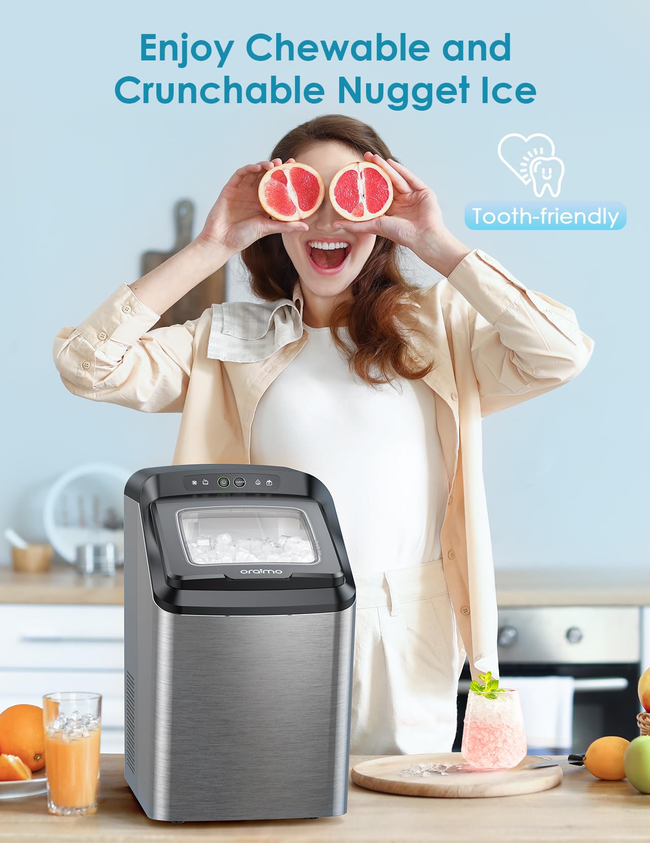 Oraimo Nugget Ice Maker, Ice Makers Countertop, 26 Lbs/Day Tooth-Friendly Chewable Ice with Self-Cleaning & Auto Water Refill, Sonic Pebble Ice Maker Machine for RV, Home and Kitchen, Silver