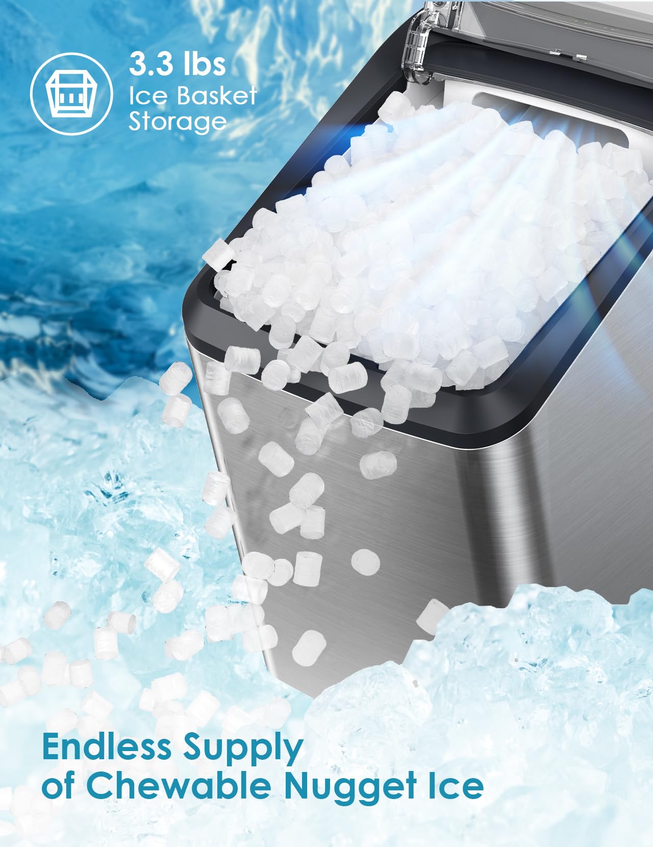 Oraimo Nugget Ice Maker, Ice Makers Countertop, 26 Lbs/Day Tooth-Friendly Chewable Ice with Self-Cleaning & Auto Water Refill, Sonic Pebble Ice Maker Machine for RV, Home and Kitchen, Silver