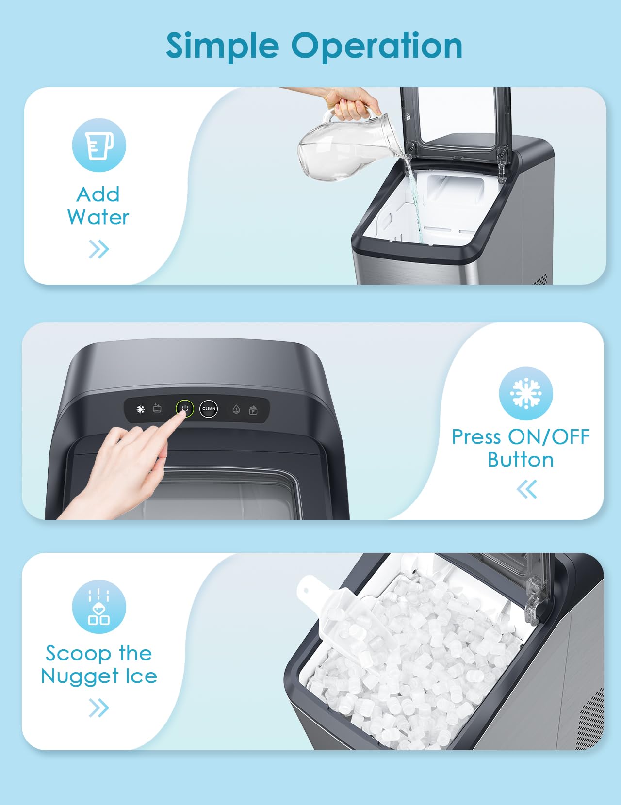 Oraimo Nugget Ice Maker, Ice Makers Countertop, 26 Lbs/Day Tooth-Friendly Chewable Ice with Self-Cleaning & Auto Water Refill, Sonic Pebble Ice Maker Machine for RV, Home and Kitchen, Silver