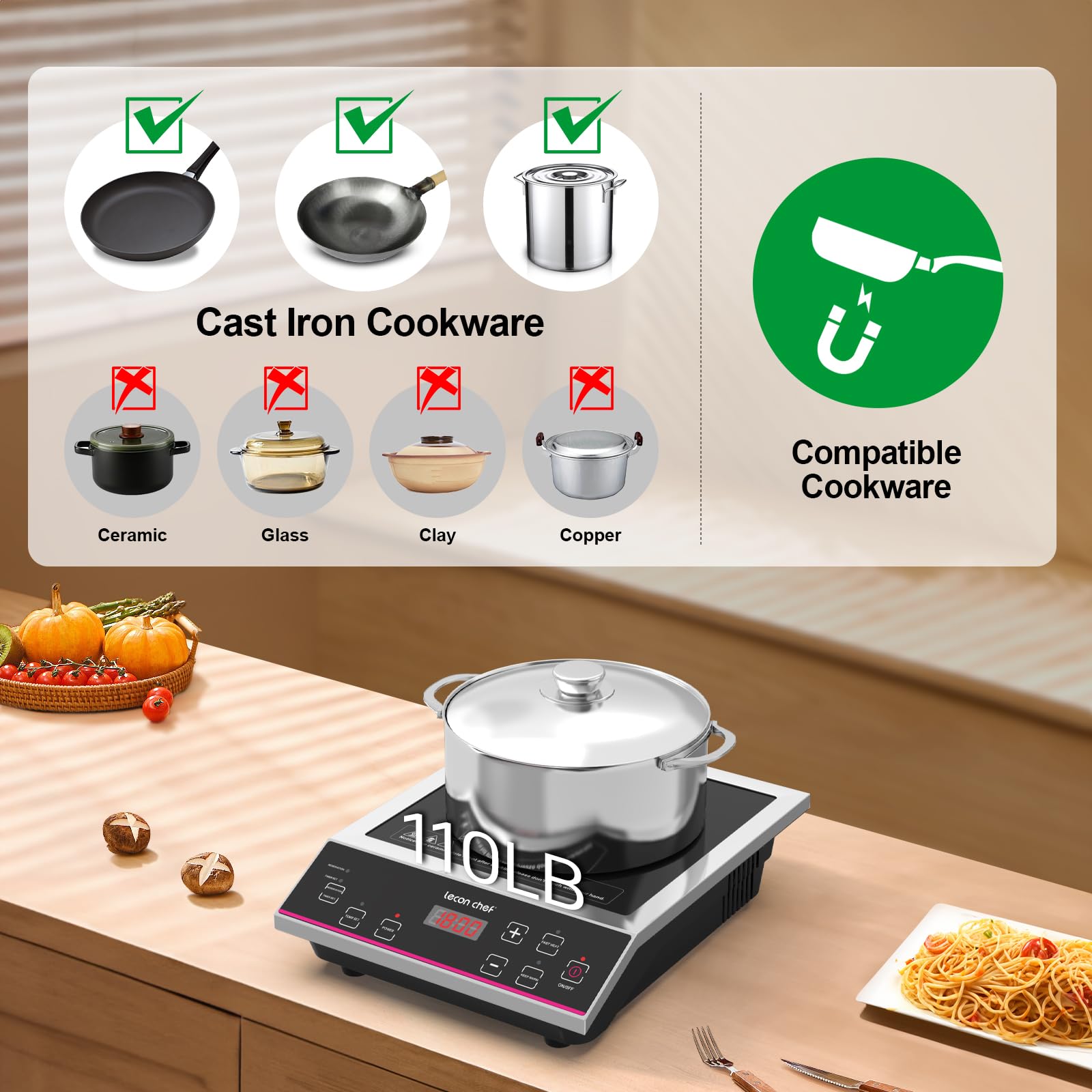 Lecon Chef Induction Cooktop 1800W Induction Burner Cooker Portable Commercial Countertop Burner Stove Stainless Steel Electric 10 Power&Temperature Levels Induction Range with 24-Hour Timer & Preset