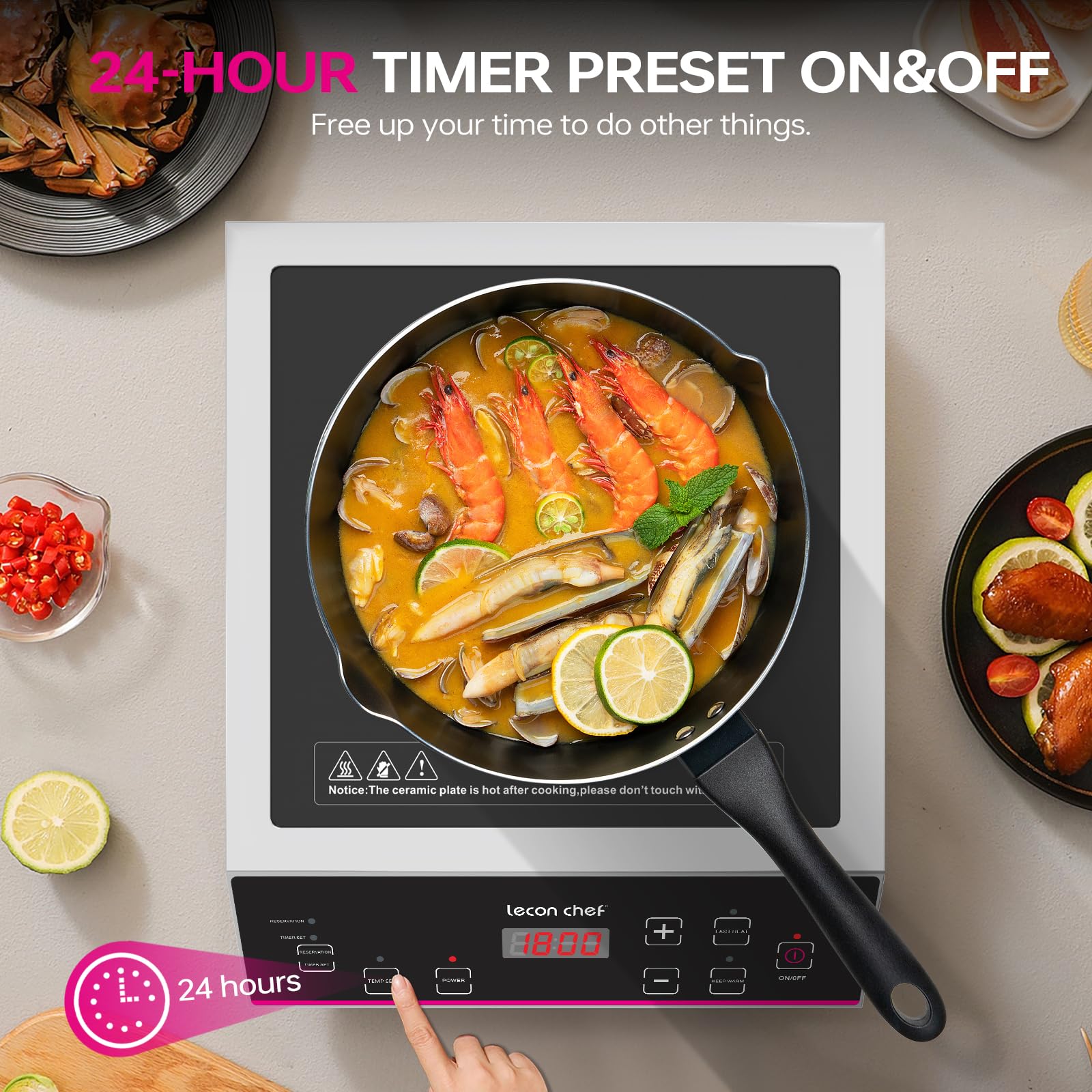 Lecon Chef Induction Cooktop 1800W Induction Burner Cooker Portable Commercial Countertop Burner Stove Stainless Steel Electric 10 Power&Temperature Levels Induction Range with 24-Hour Timer & Preset