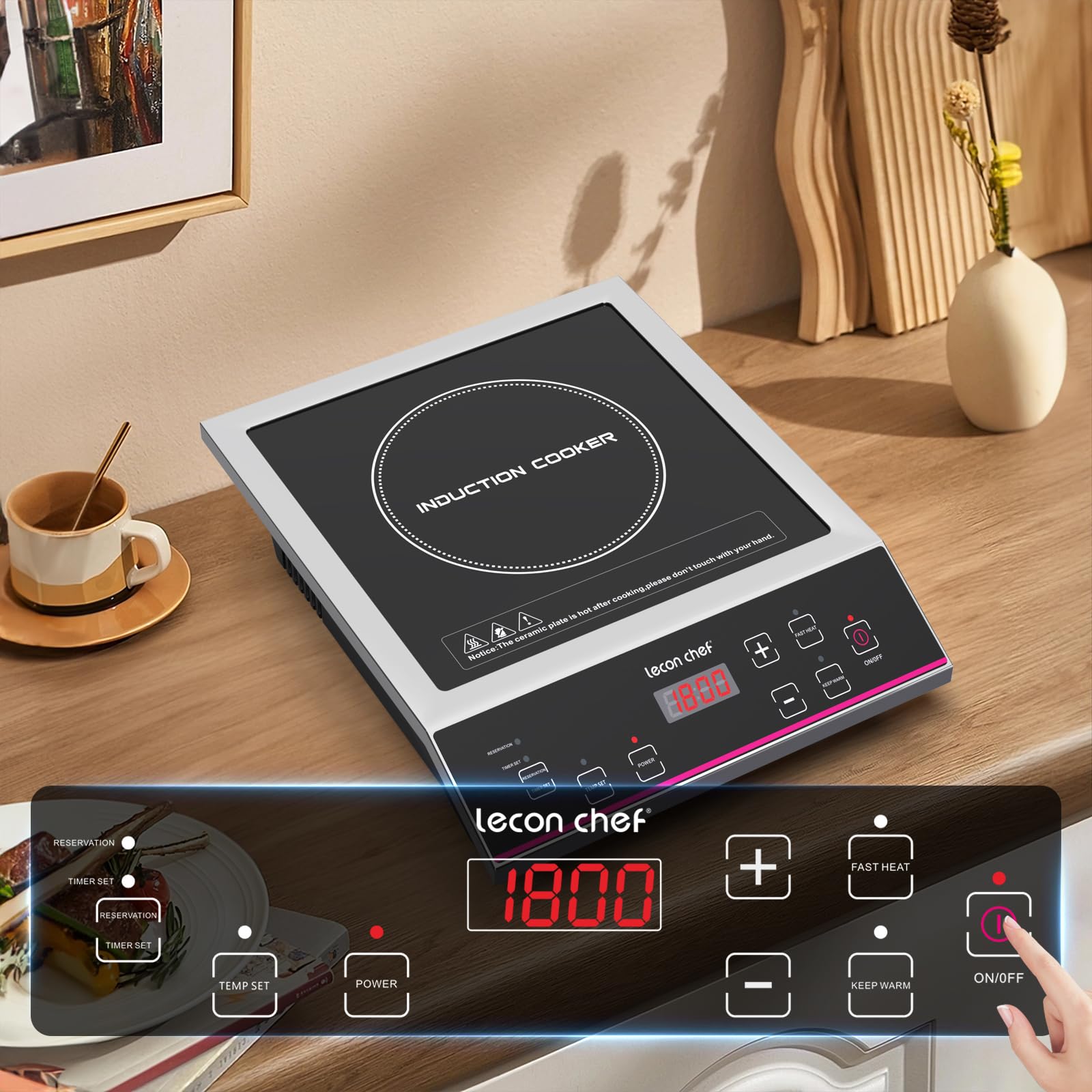 Lecon Chef Induction Cooktop 1800W Induction Burner Cooker Portable Commercial Countertop Burner Stove Stainless Steel Electric 10 Power&Temperature Levels Induction Range with 24-Hour Timer & Preset