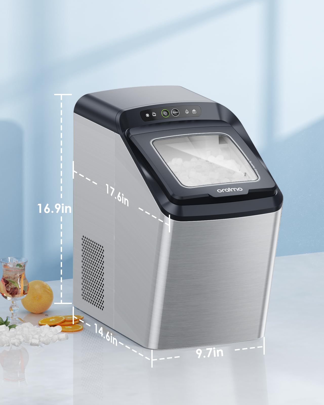 Oraimo Nugget Ice Maker, Ice Makers Countertop, 26 Lbs/Day Tooth-Friendly Chewable Ice with Self-Cleaning & Auto Water Refill, Sonic Pebble Ice Maker Machine for RV, Home and Kitchen, Silver