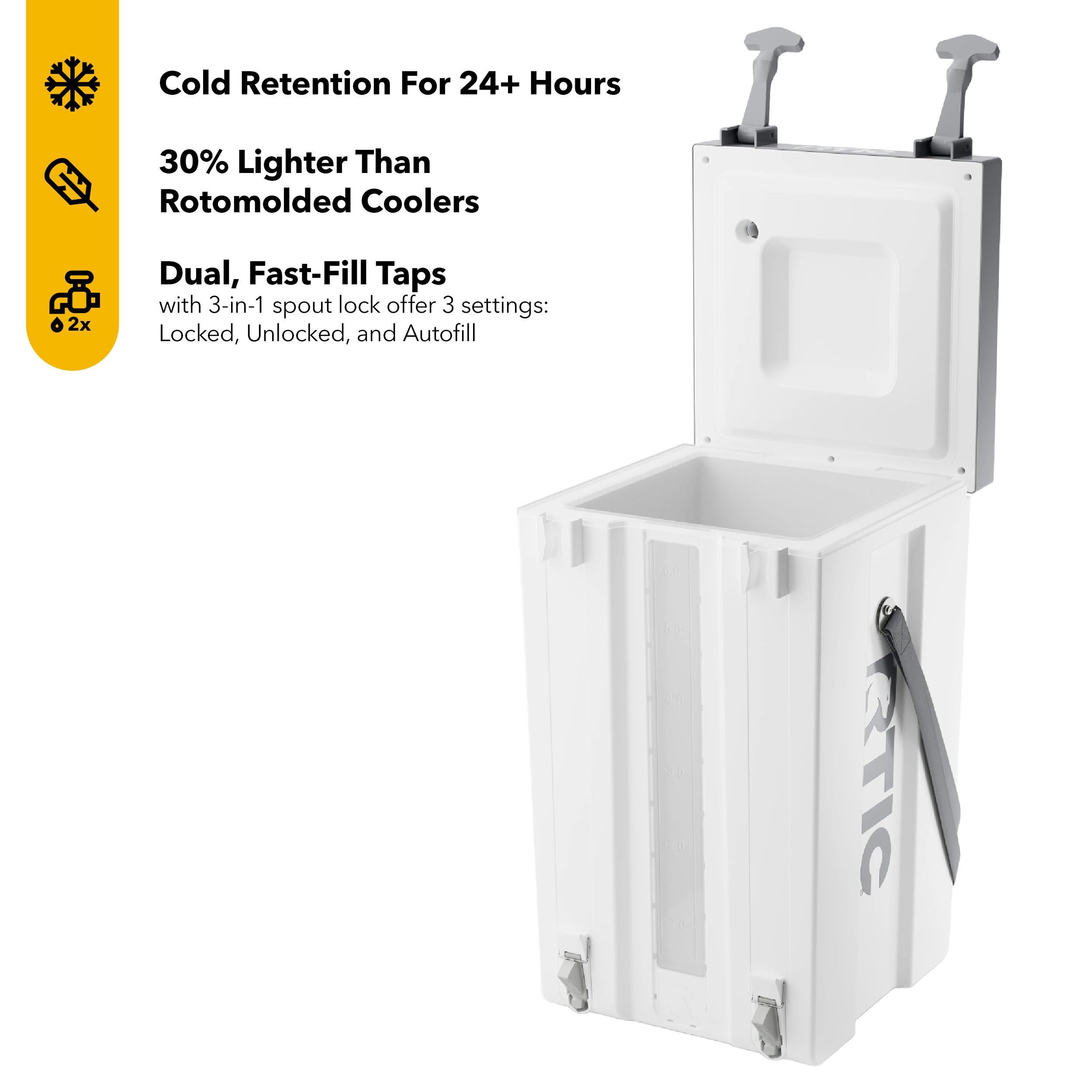 RTIC Halftime Water Cooler Portable Carrier Container, Drink Beverage Dispenser, Stackable with 2 Taps, Bottleless, BPA-Free, for Sports, Camping, BBQ, Parties, Picnic, & More, White