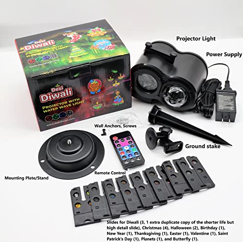 Holiday Halloween Valentine Party Christmas Diwali Projector Light (Indoor Outdoor Waterproof), 16 Slides (4 Pictures Each), 10 Wave Effects, Remote Control (Power Timer Speed Flash), 3 Mounting Ways