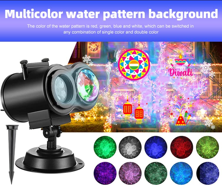 Holiday Halloween Valentine Party Christmas Diwali Projector Light (Indoor Outdoor Waterproof), 16 Slides (4 Pictures Each), 10 Wave Effects, Remote Control (Power Timer Speed Flash), 3 Mounting Ways