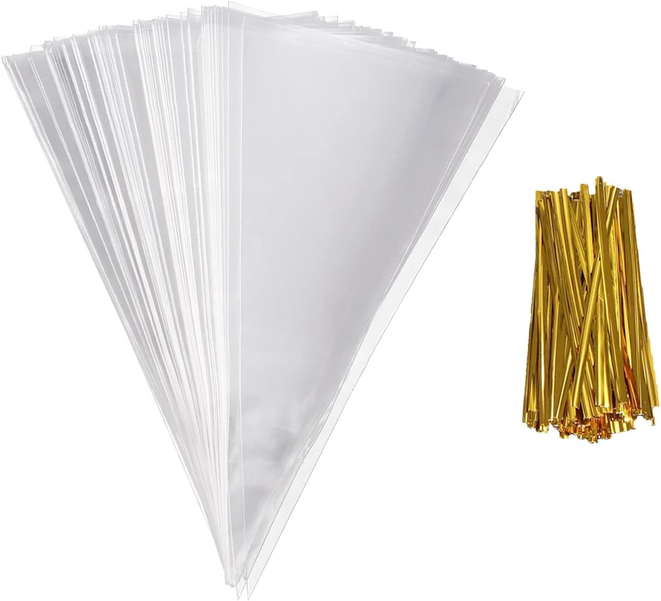 100 Pieces Christmas Medium Transparent Cone Bags Cello Bags Sweet Clear Treat Bags with 100 Pieces Twist Ties, 11.8 x 6.3 Inch (Golden Twist Ties)