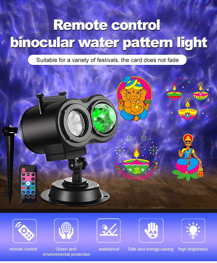 Holiday Halloween Valentine Party Christmas Diwali Projector Light (Indoor Outdoor Waterproof), 16 Slides (4 Pictures Each), 10 Wave Effects, Remote Control (Power Timer Speed Flash), 3 Mounting Ways